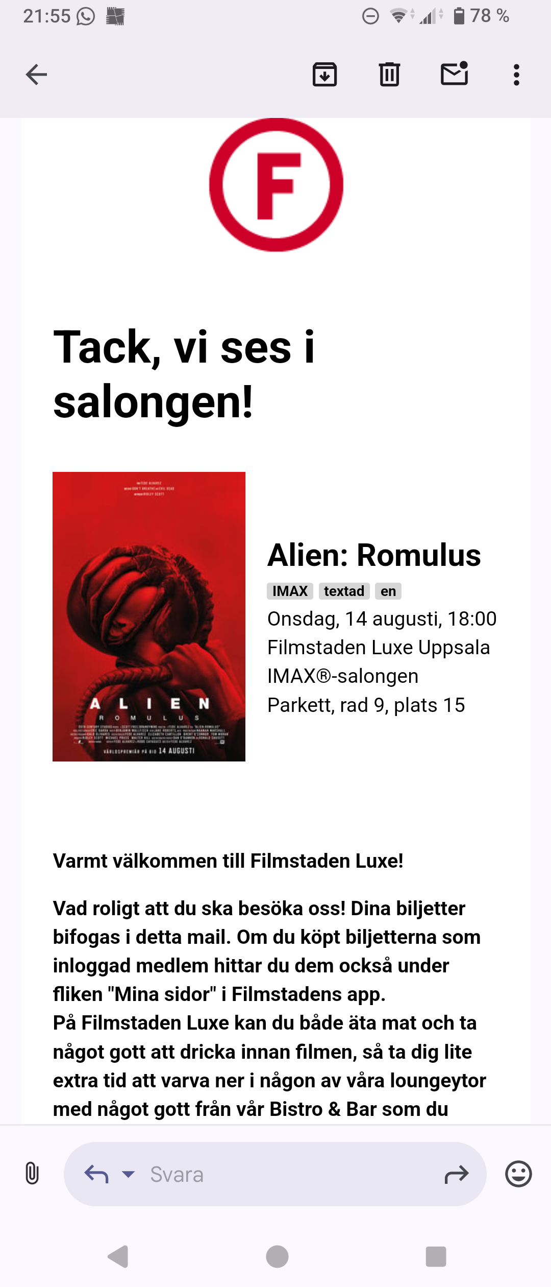 Booked tickets 14/8 (Sweden) - Alien: Romulus Forum